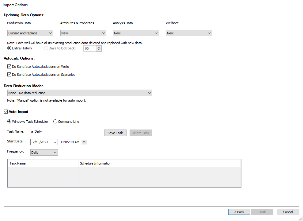 Import options dialog box