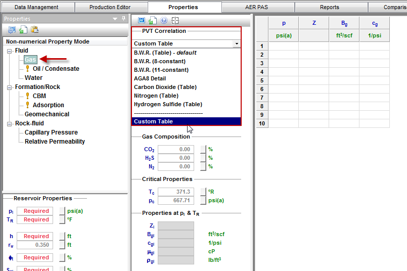 Entering Custom Data for Dry Gas / Wet Gas
